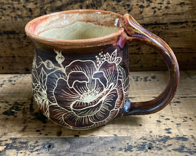 12-14 Oz. Modern Floral Hand Carved Mug, Flowers Coffee Mug, Wheel ...