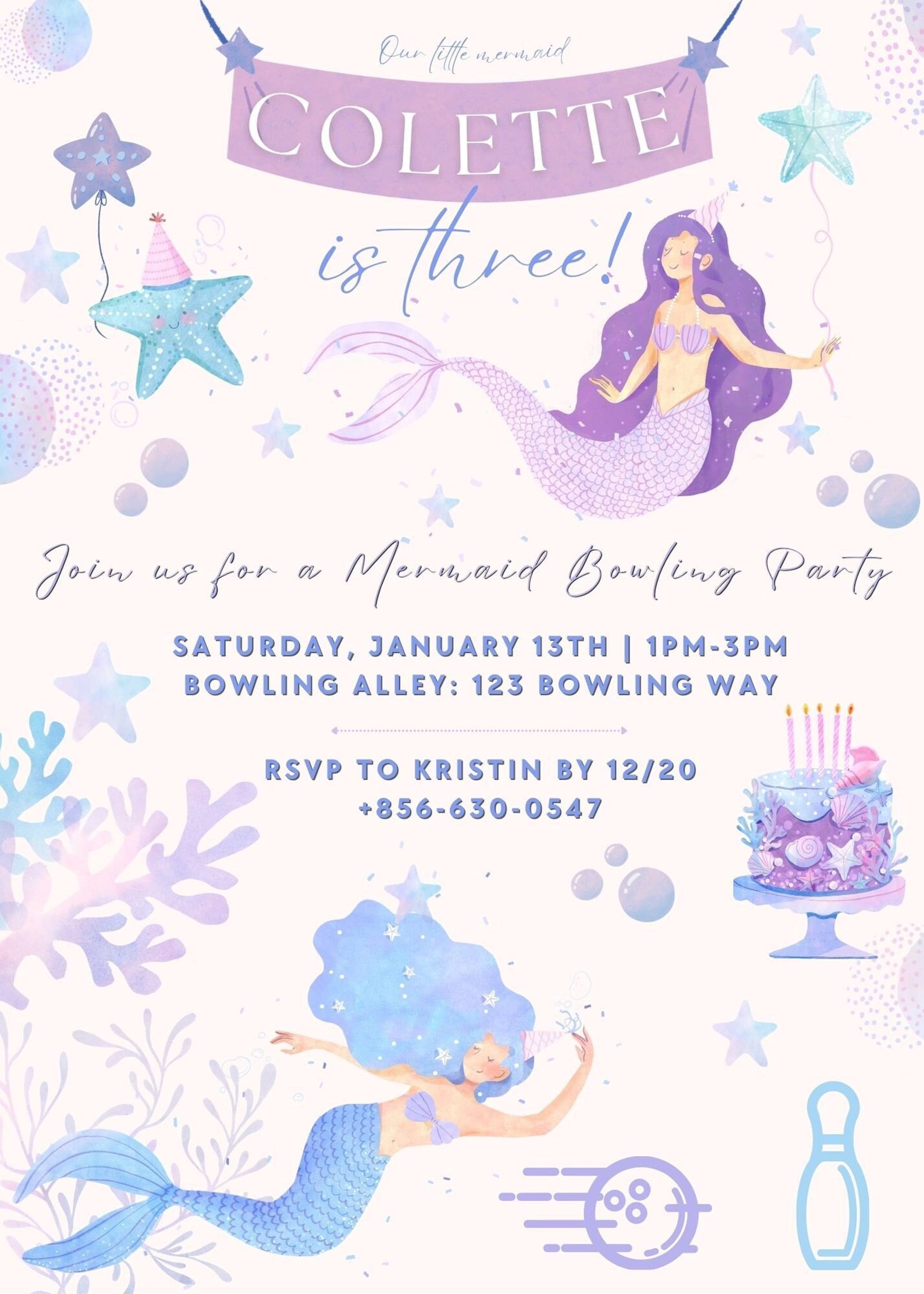 Mermaid Bowling Party Template Bundle – Invite, Thank You Card ...
