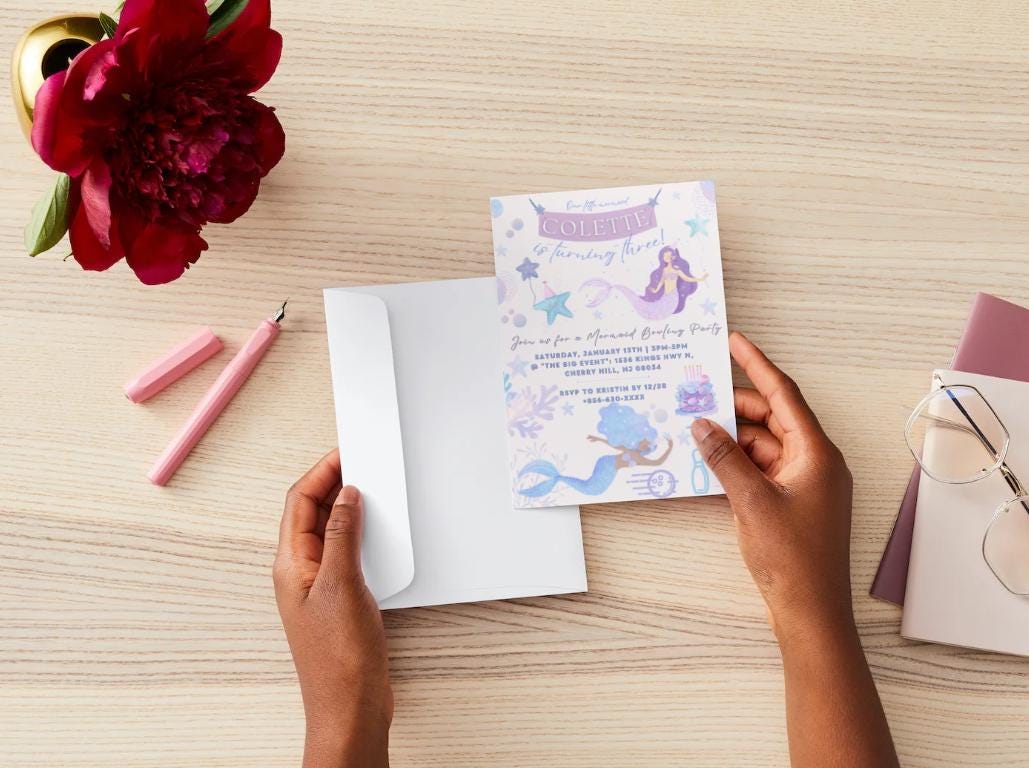 Mermaid Bowling Party Template Bundle – Invite, Thank You Card ...