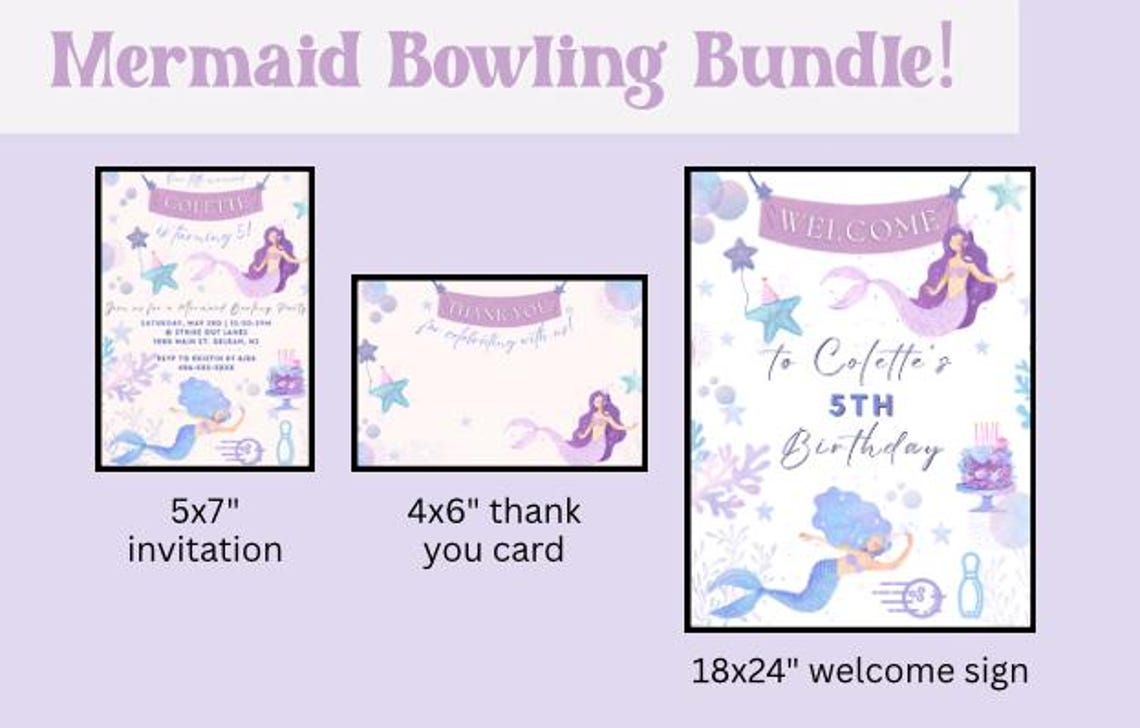 Mermaid Bowling Party Template Bundle – Invite, Thank You Card ...