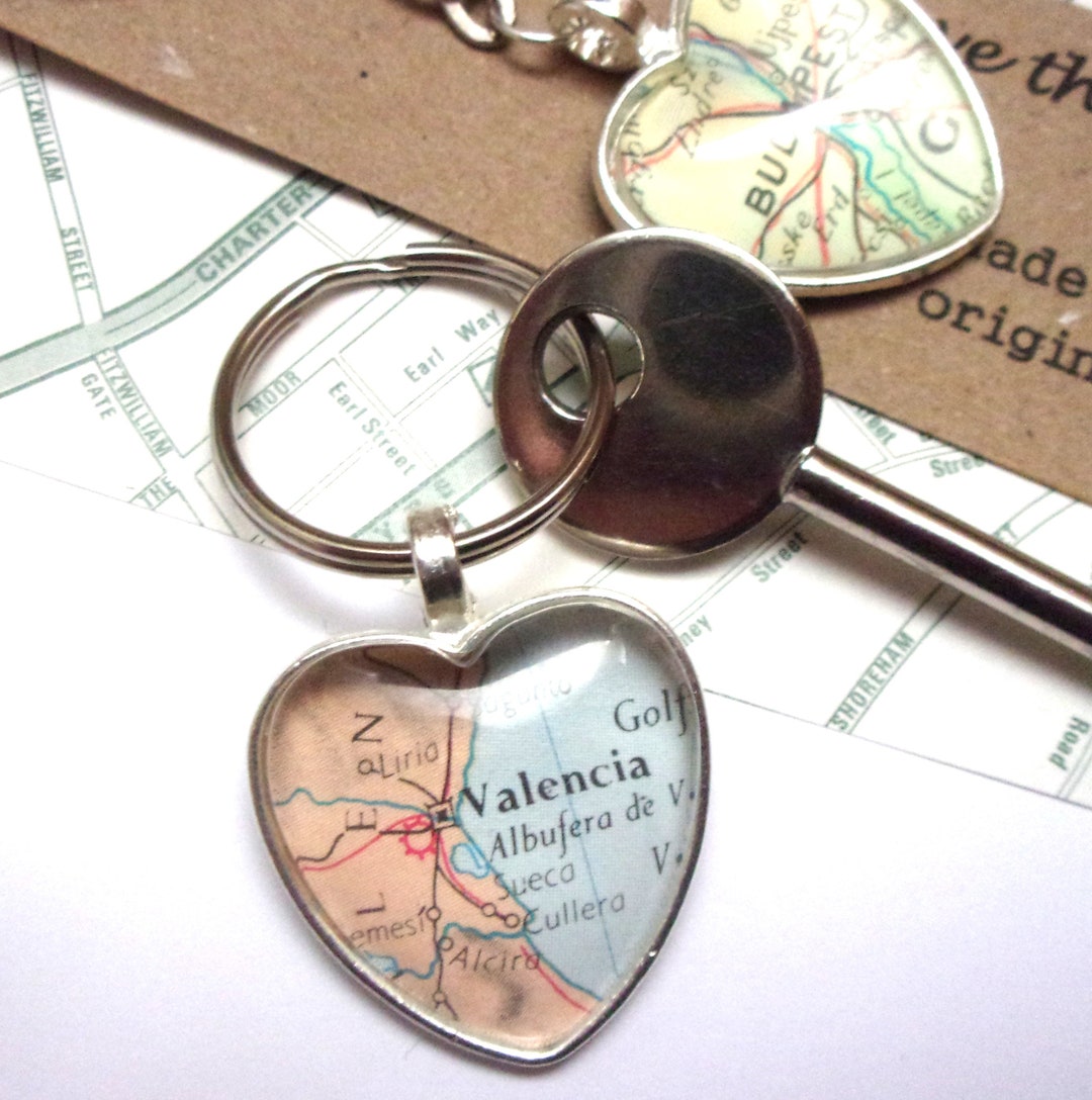 Valencia, Spain Map Keyring With Chain or Fob. Heart Shaped Keychain ...