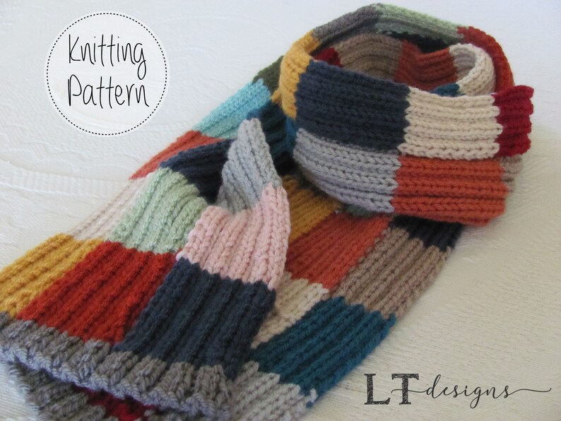 Rib Knit Patchwork Knit Scarf Pattern - Adult Size - Worsted Weight ...