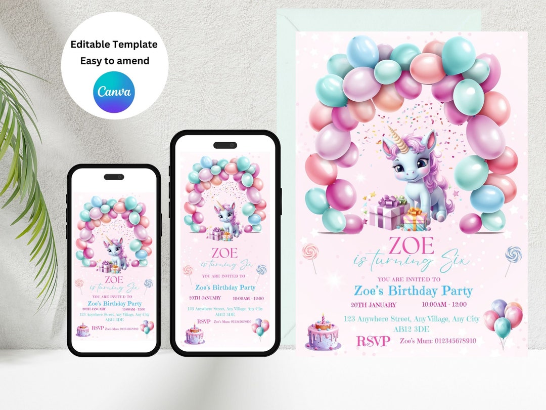 Unicorn Birthday Party Invitation Template With Balloon Arch (editable ...