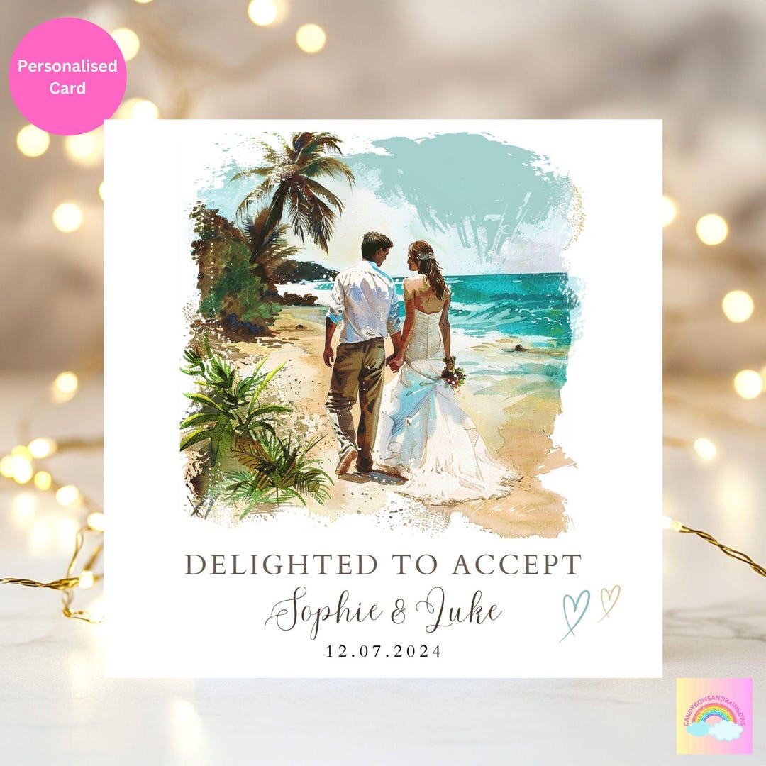 Personalised Elegant Wedding Acceptance Card - Tropical Beach Wedding ...