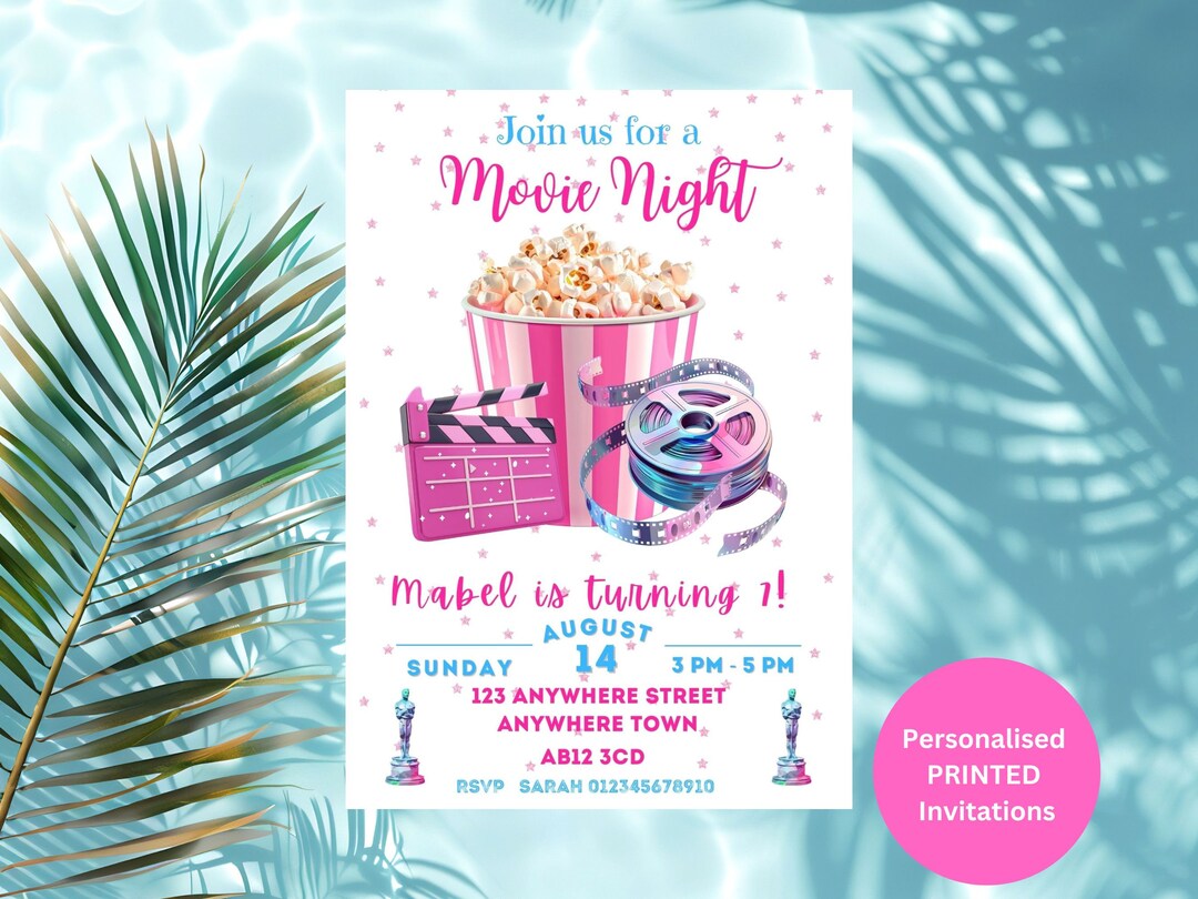 Personalized Pink Movie Night Birthday Party Invitation (printed) - Etsy