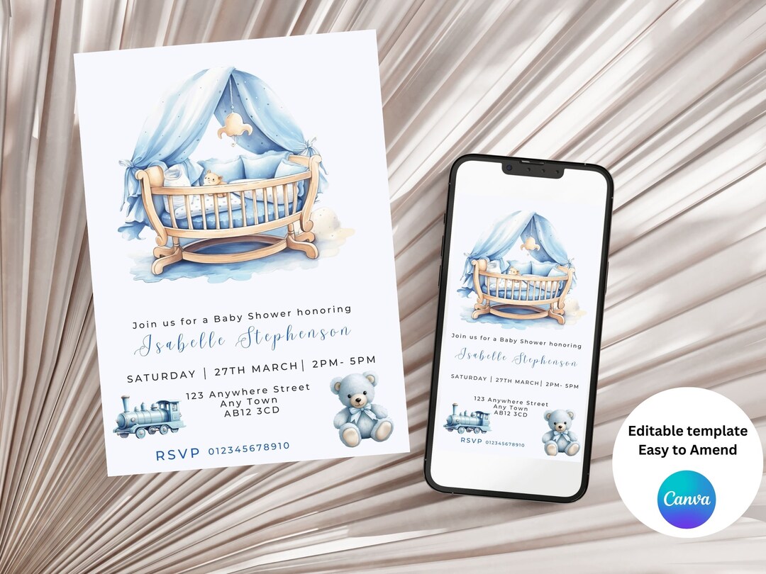 EDITABLE Baby Shower Blue Crib Template DIGITAL DOWNLOAD Elegant Baby ...