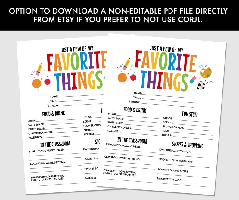 EDITABLE Teacher Favorite Things List in Corjl + Printable PDF ...