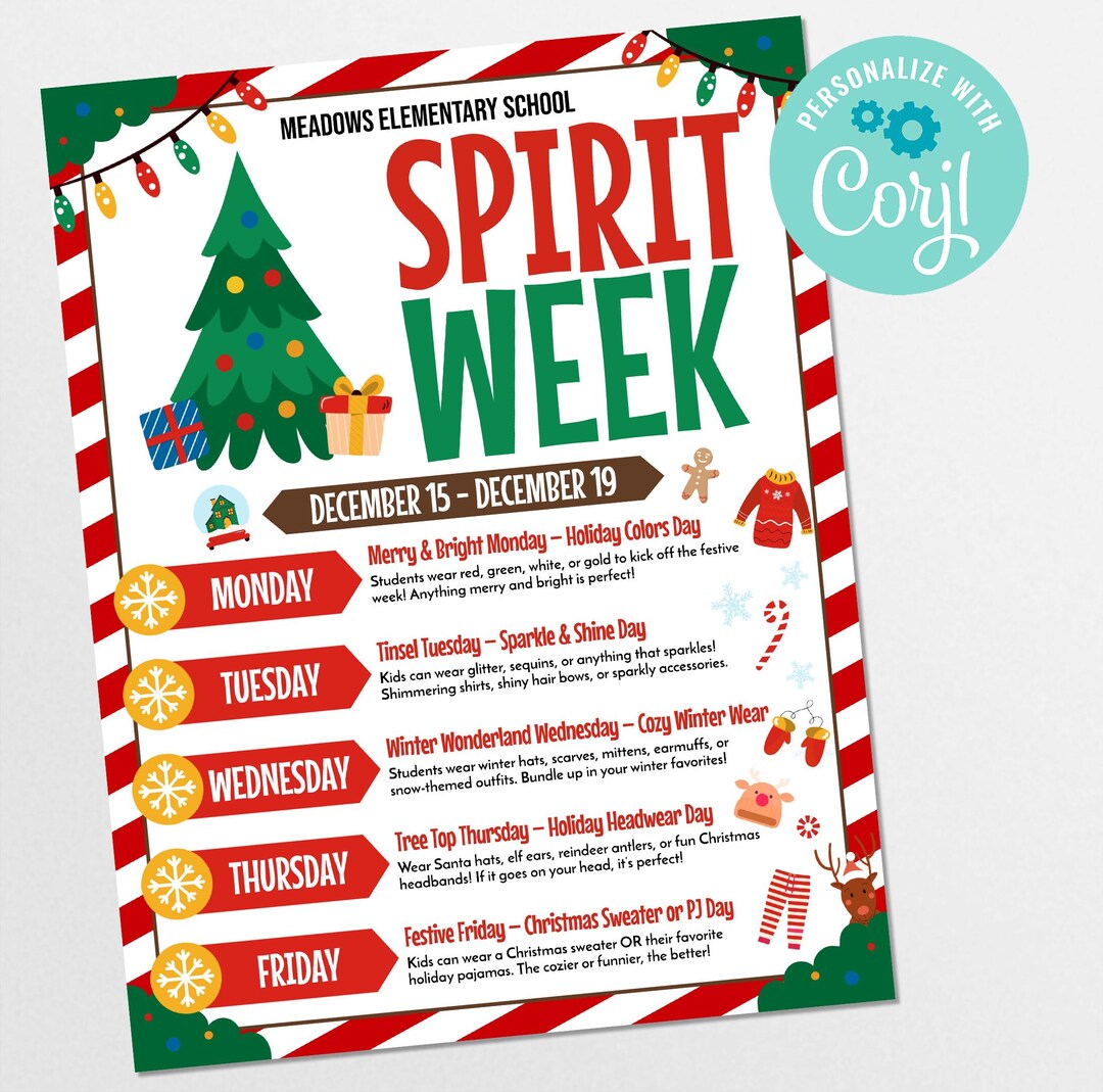 Christmas Spirit Week Flyer | School Holiday Dress-up (corjl Template ...