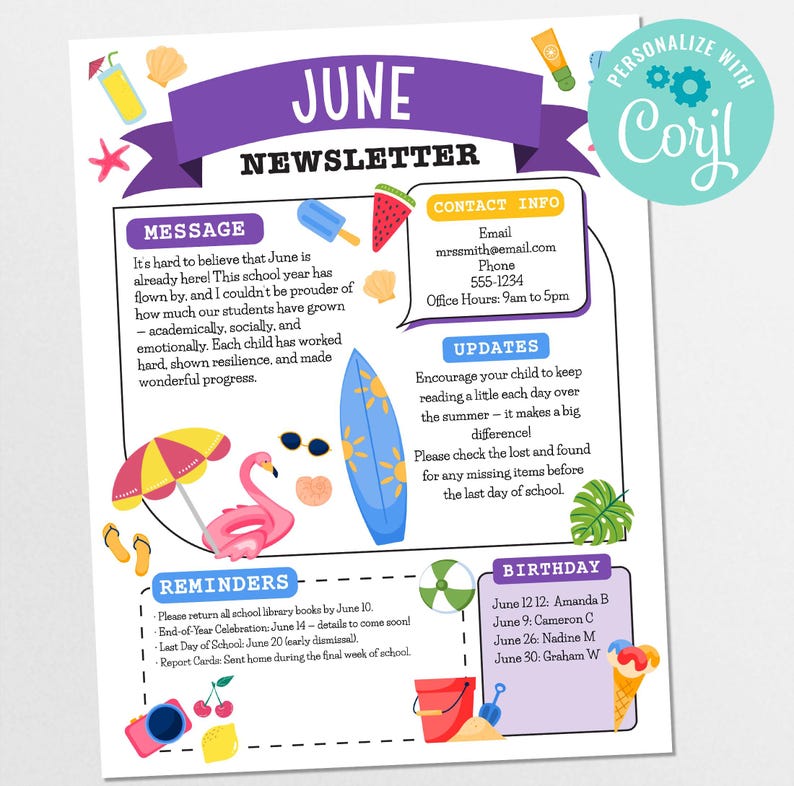 Editable June Classroom Newsletter Template (corjl) - Etsy