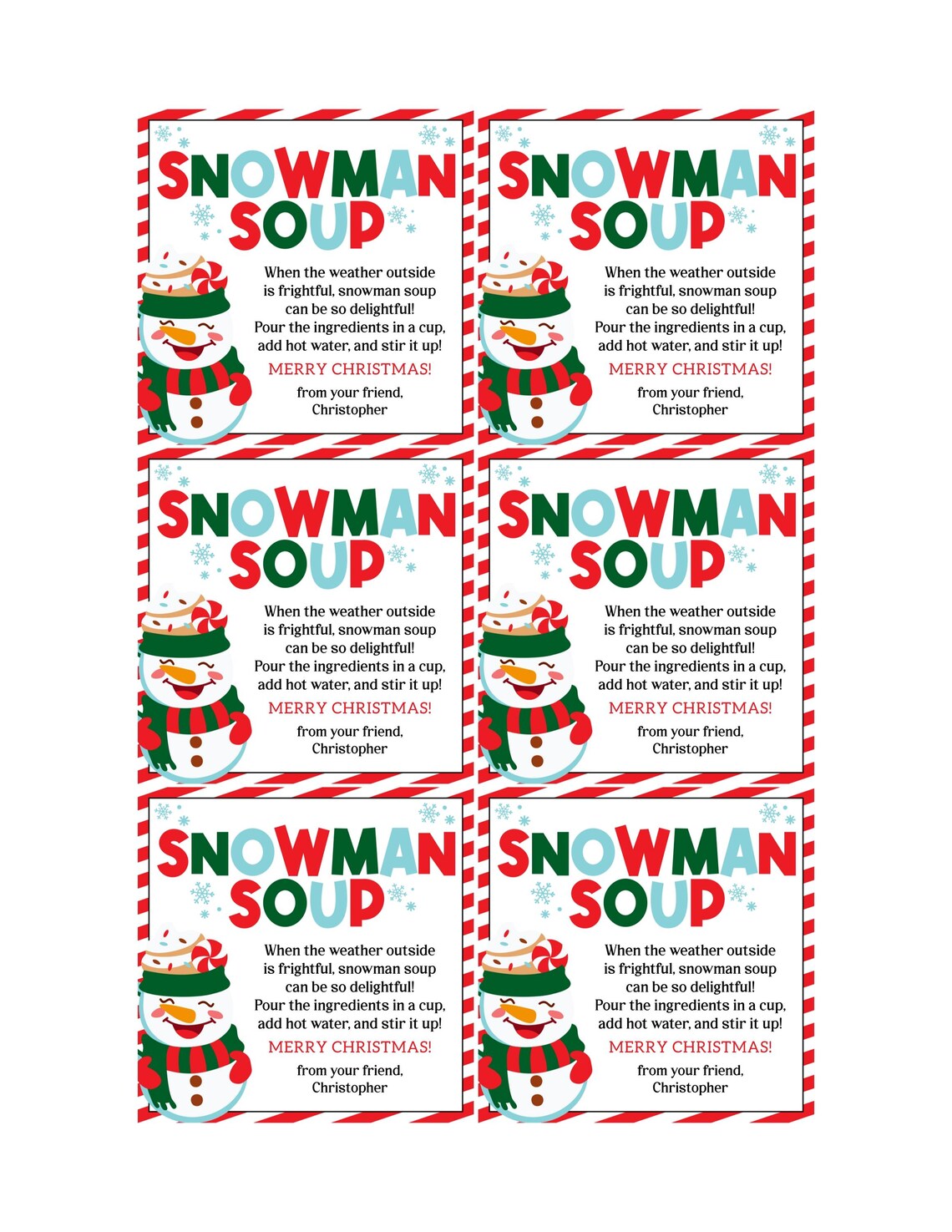 Snowman Soup Gift Tag: Editable Christmas Hot Cocoa Instructions ...