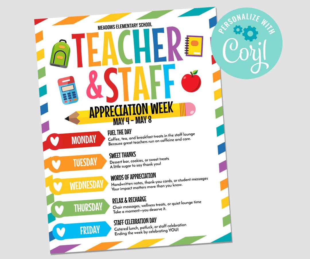 Teacher Appreciation Week Flyer | Editable School Staff Schedule (8 ...
