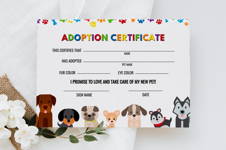 Editable Pet Adoption Certificate: Puppy Birthday Party (instant ...