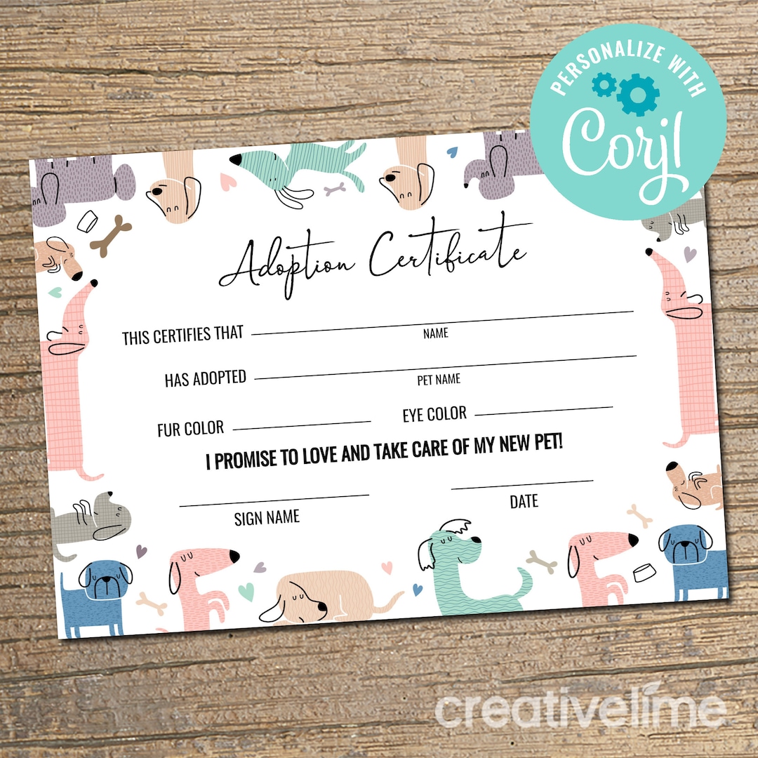 EDITABLE, INSTANT DOWNLOAD Pet Adoption Certificate, Puppy Dog Birthday ...