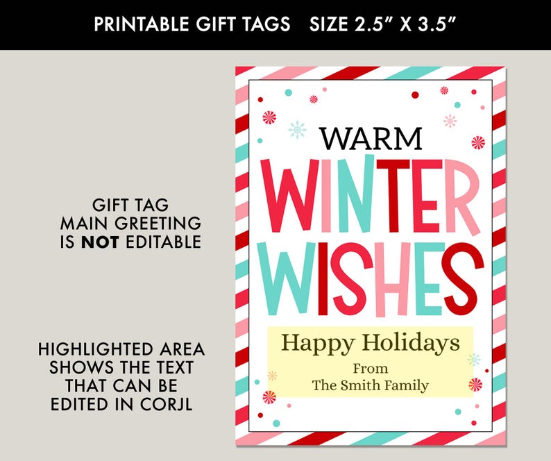 EDITABLE, INSTANT DOWNLOAD Warm Winter Wishes Gift Tag, Corjl Template ...