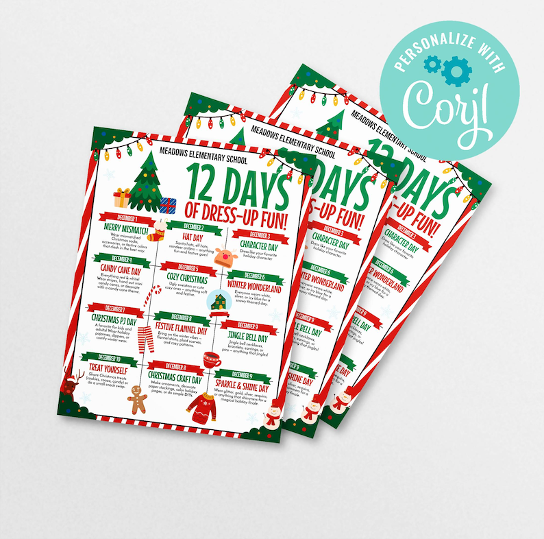 Editable 12 Days of Christmas Flyer | School, Office Holiday Fun (corjl ...