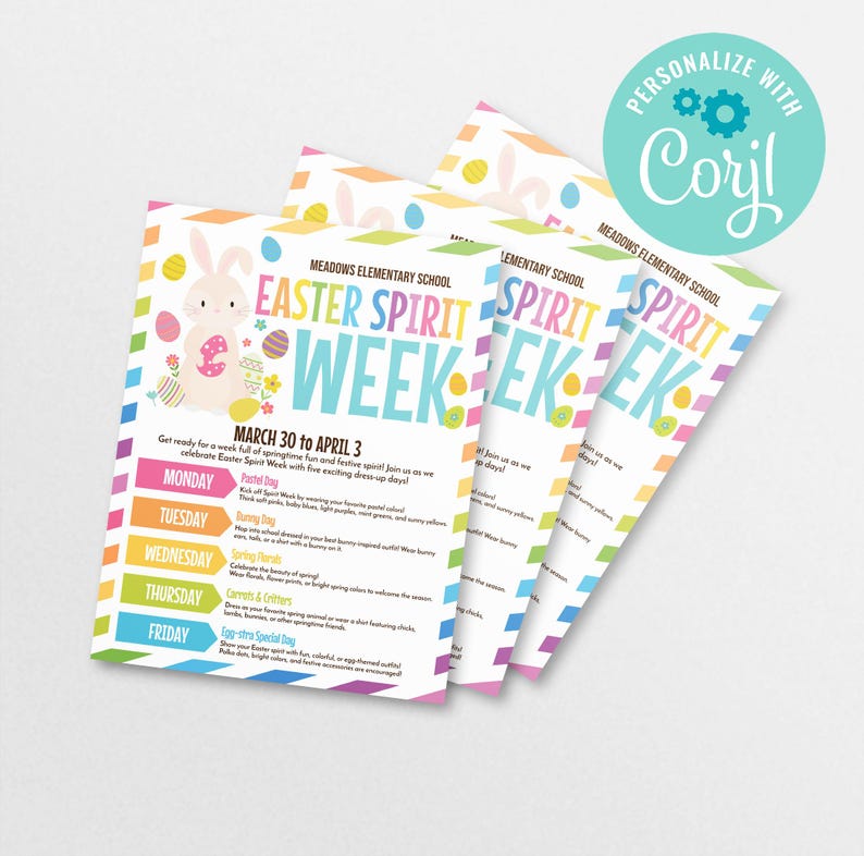 Easter Spirit Week Flyer Template, School Spirit Week Template, Spirit ...