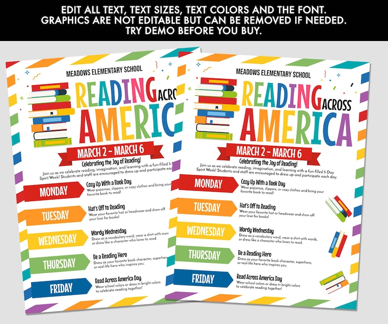 Editable Reading America School Spirit Week Flyer Template, Reading ...