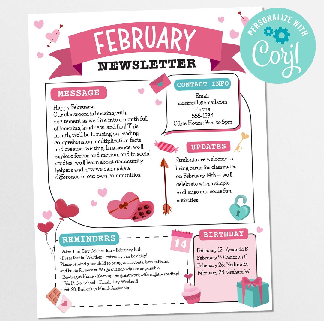 Editable February Classroom Newsletter: Valentine's Day Template (corjl ...