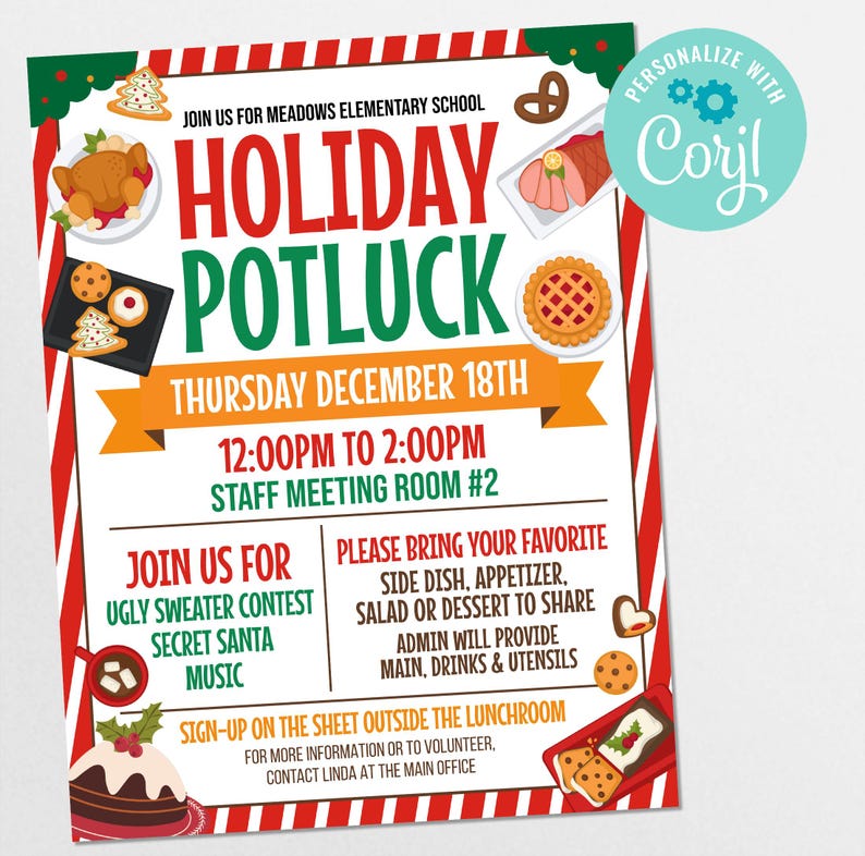 Editable Christmas Potluck Flyer, School or Work (corjl Template) - Etsy