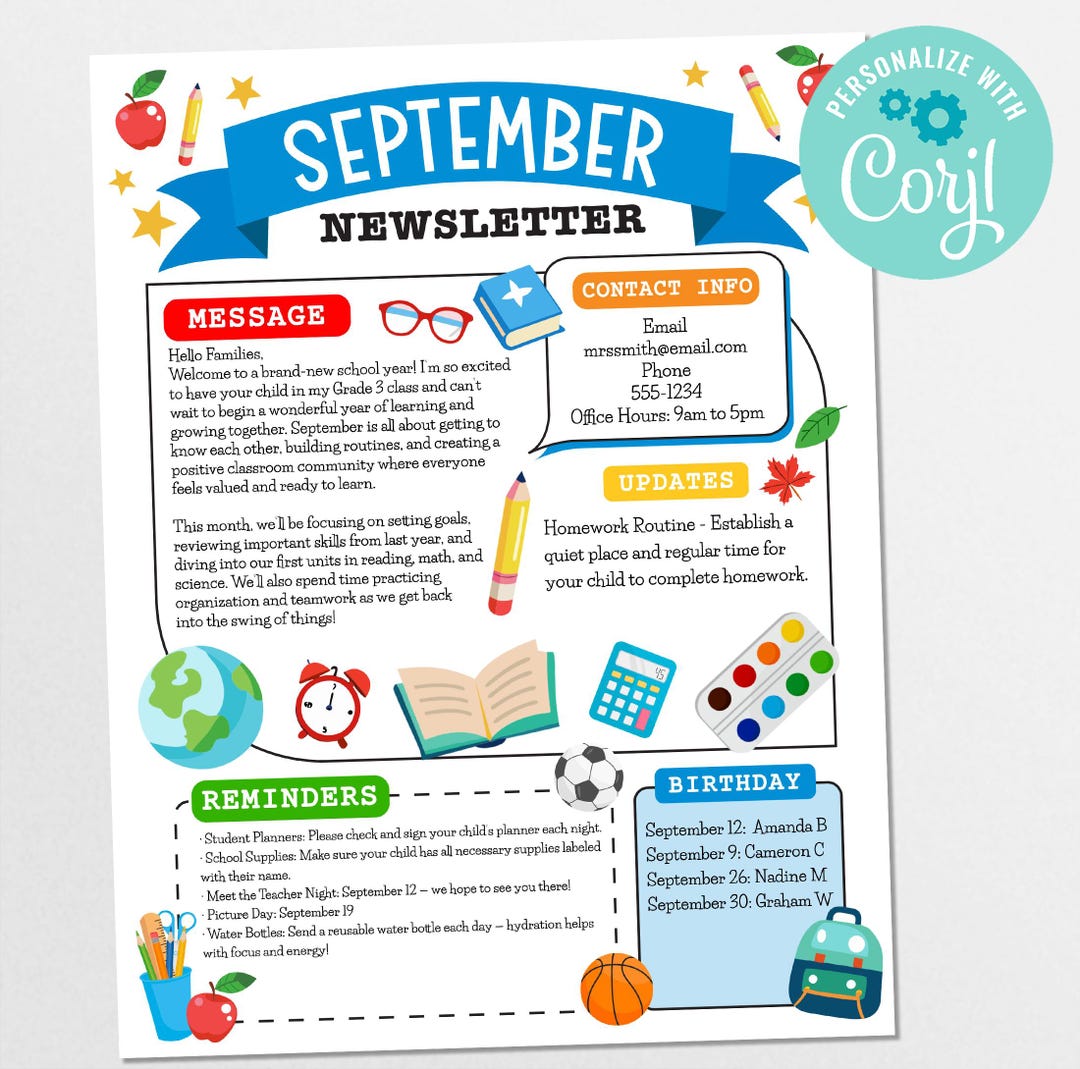Editable September Classroom Newsletter Template (corjl) - Etsy