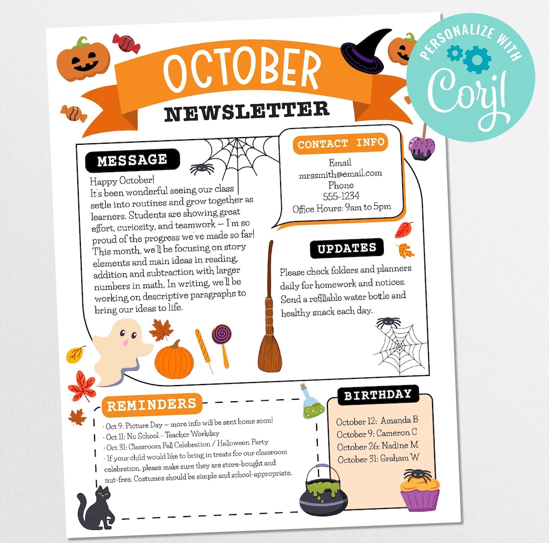 Editable October Classroom Newsletter Template: Fall & Halloween Theme ...