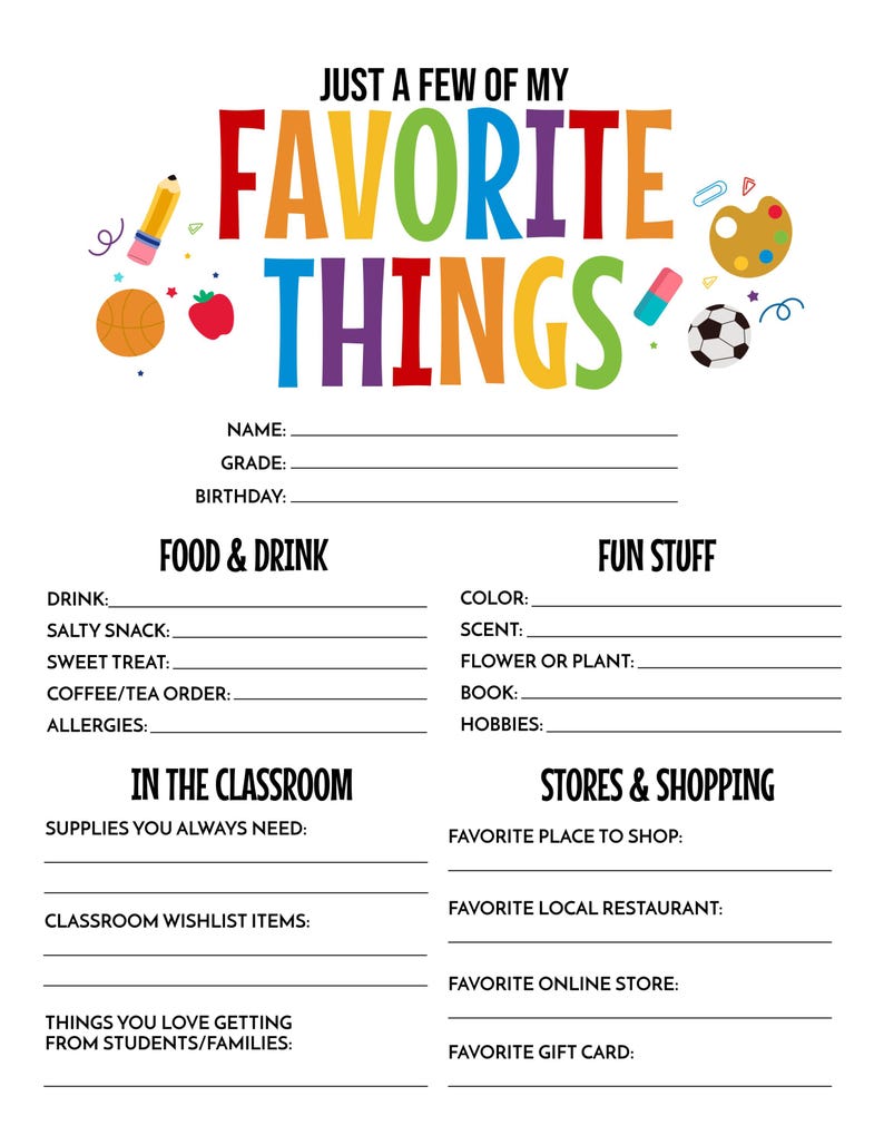 Editable Teacher Favorite Things List | Printable Questionnaire ...