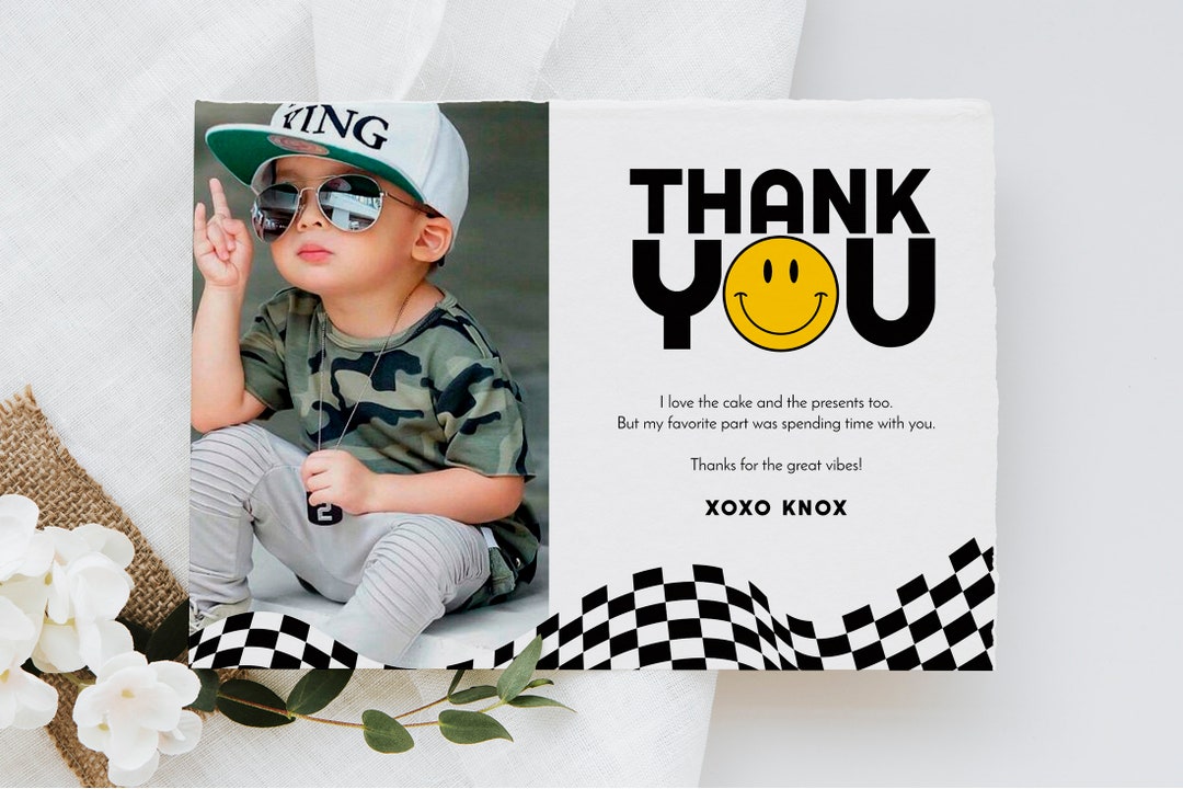 Rad One, Two Rad Birthday Thank You Template Checkered Smiley Retro ...