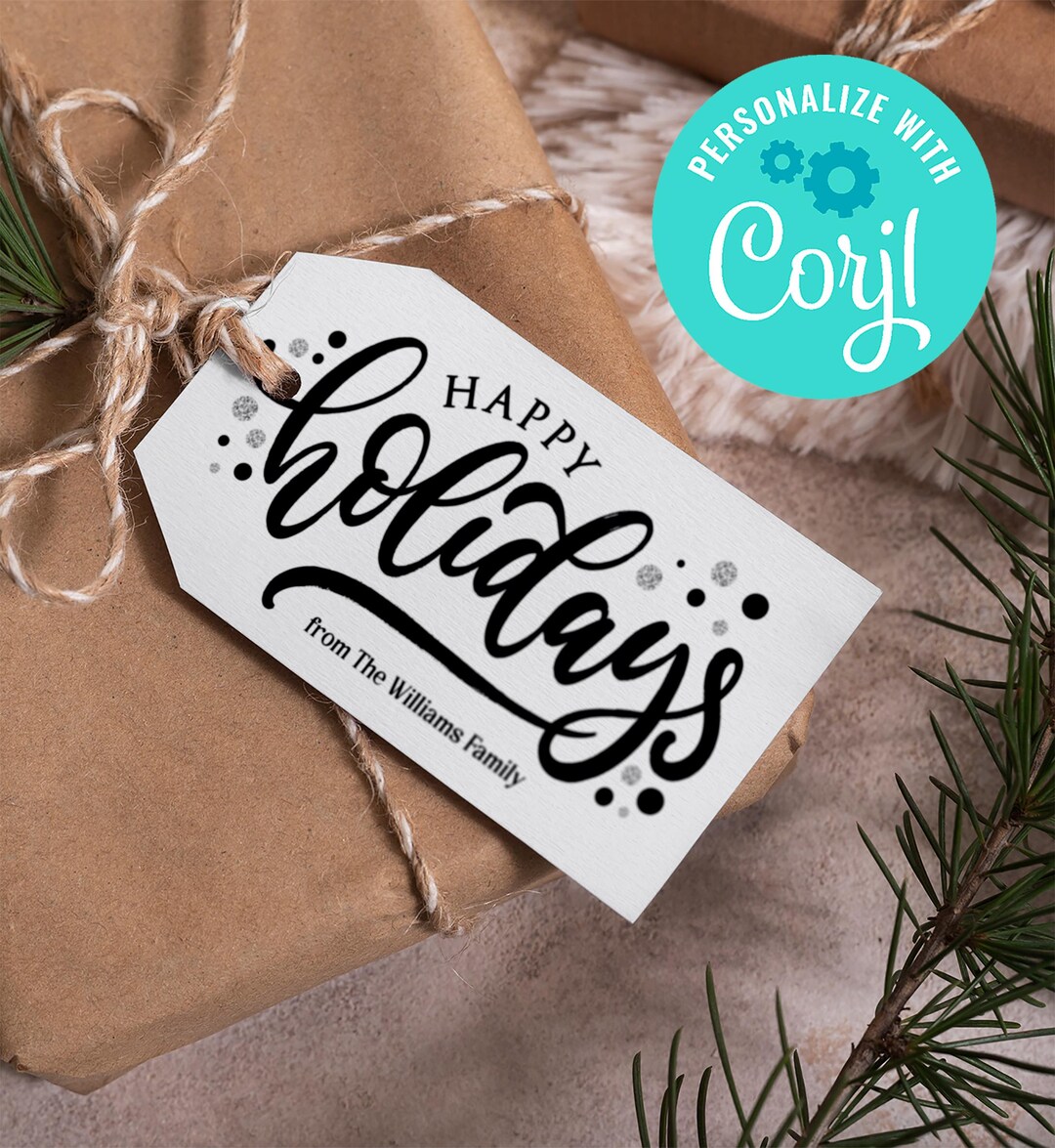Printable Happy Holidays Gift Tag: Silver & Black, Editable (digital ...