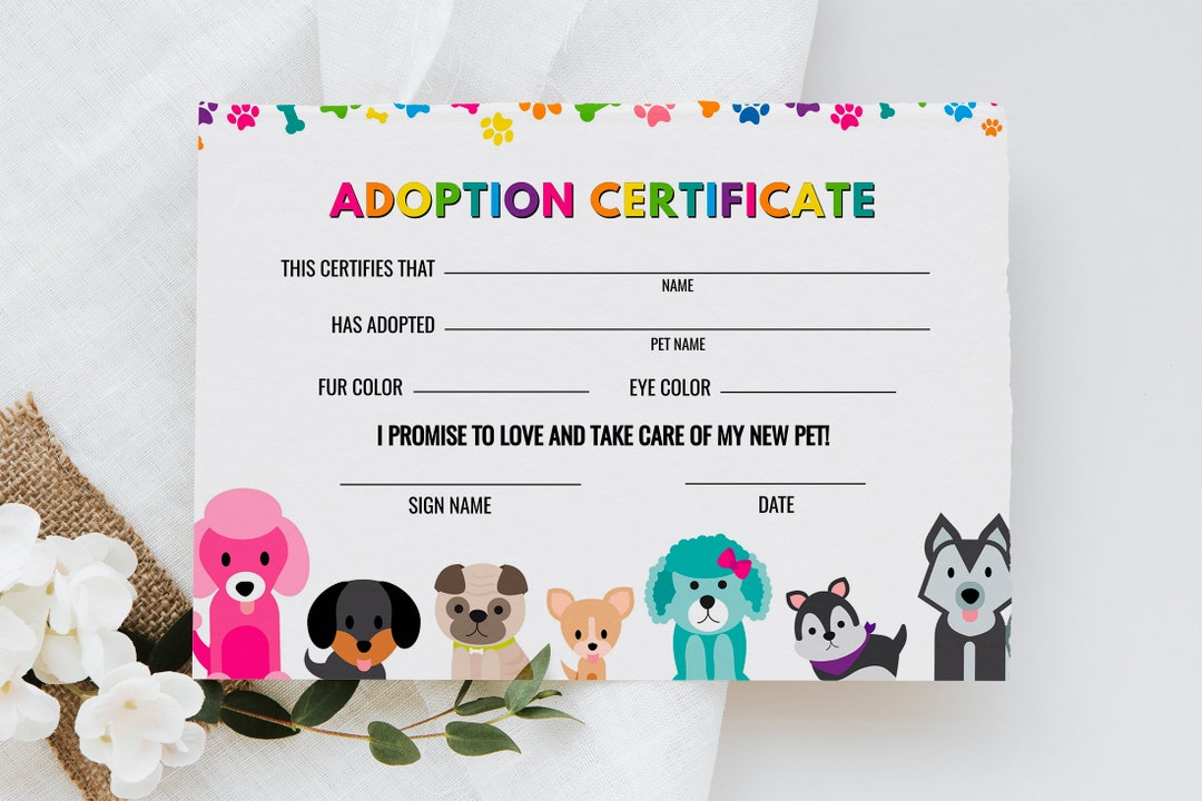 EDITABLE, INSTANT DOWNLOAD Pet Adoption Certificate, Puppy Dog Birthday ...