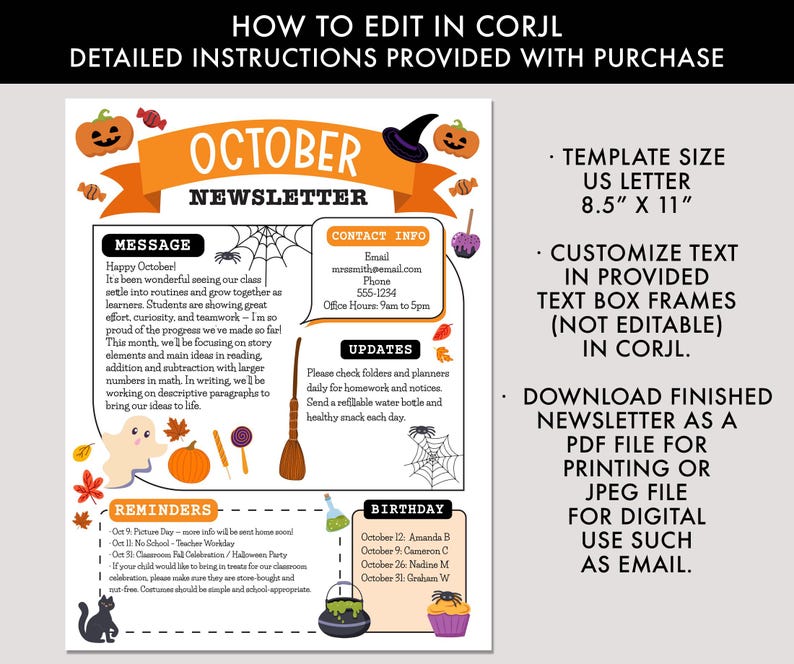 Editable October Classroom Newsletter Template: Fall & Halloween Theme ...