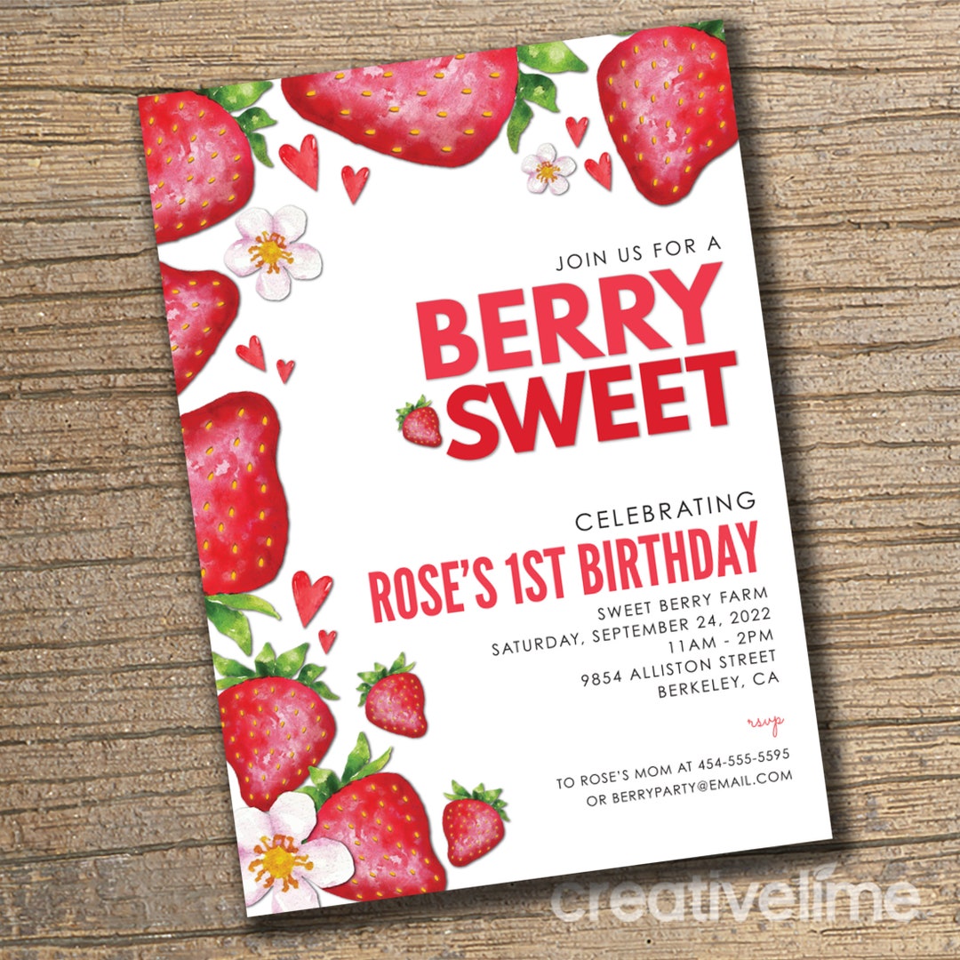 Strawberry 1st Birthday Invitation: Berry Sweet Party (printable) - Etsy