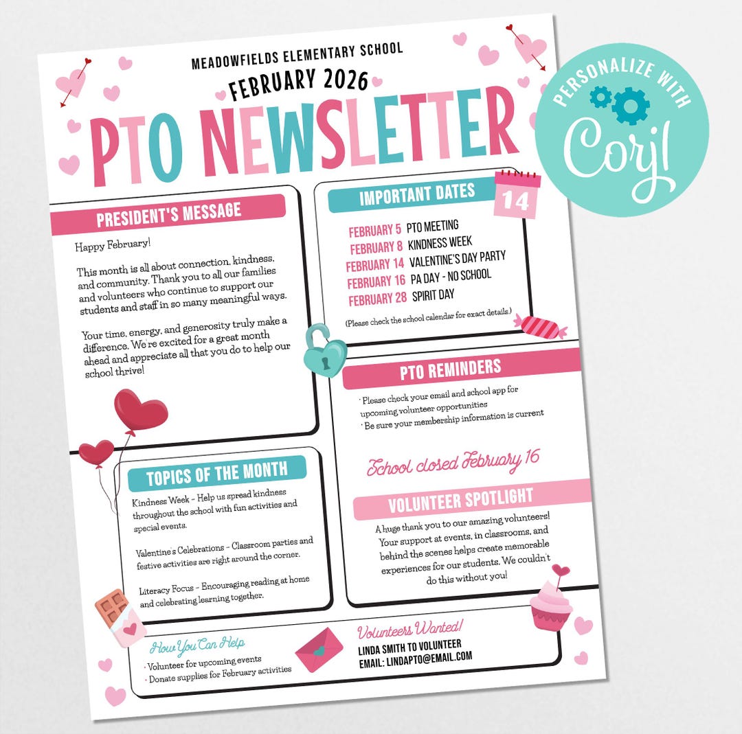 February PTO Newsletter Template, Editable School Flyer (corjl Template ...