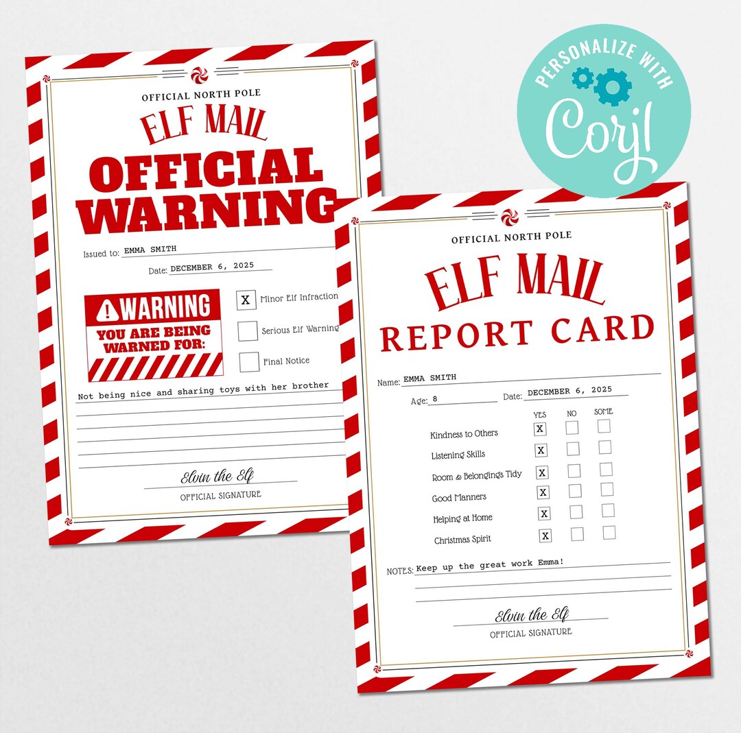 Editable Elf Report Card & Warning Slip, 5x7 Elf Notes and Non-editable ...