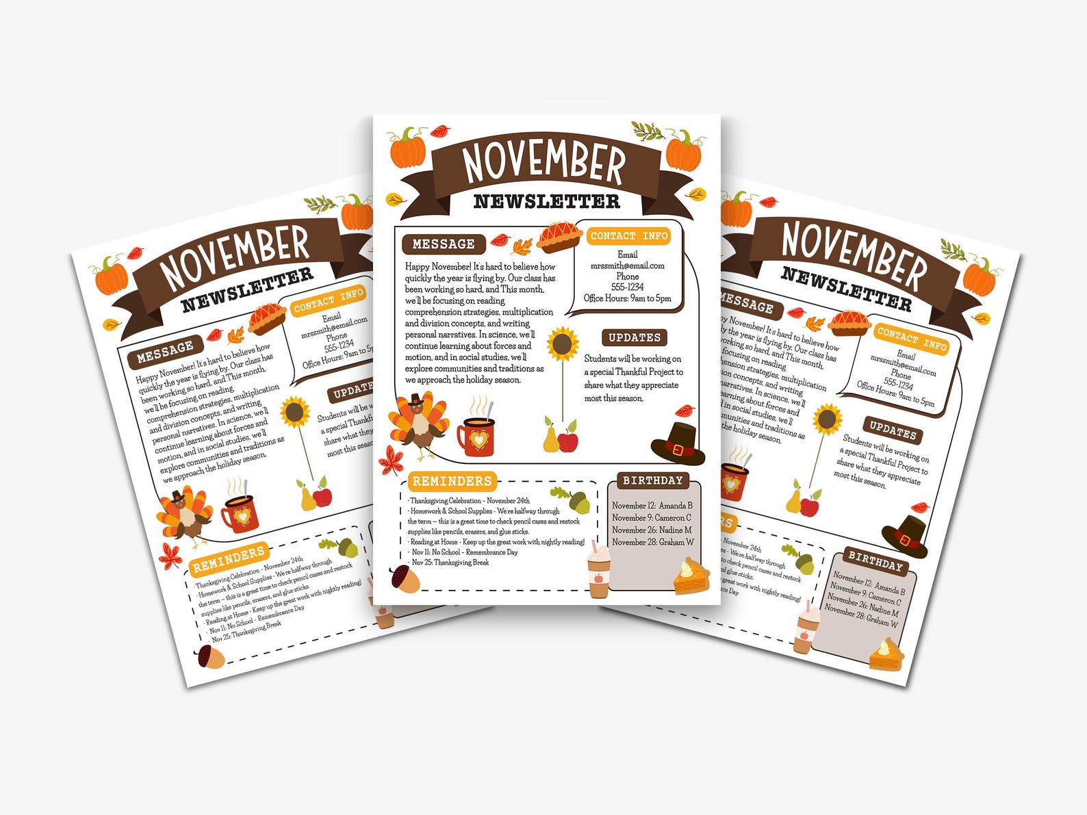 November Thanksgiving Classroom Newsletter Template - Editable in Corjl ...
