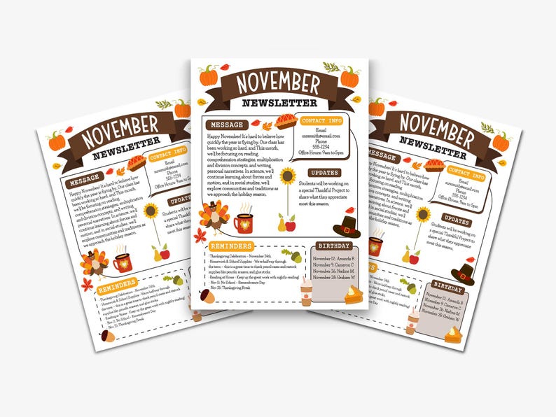 November Thanksgiving Classroom Newsletter Template - Editable in Corjl ...