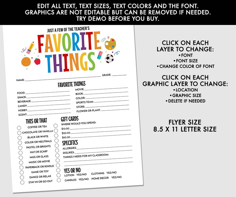EDITABLE Teacher Favorite Things List in Corjl + Printable PDF ...