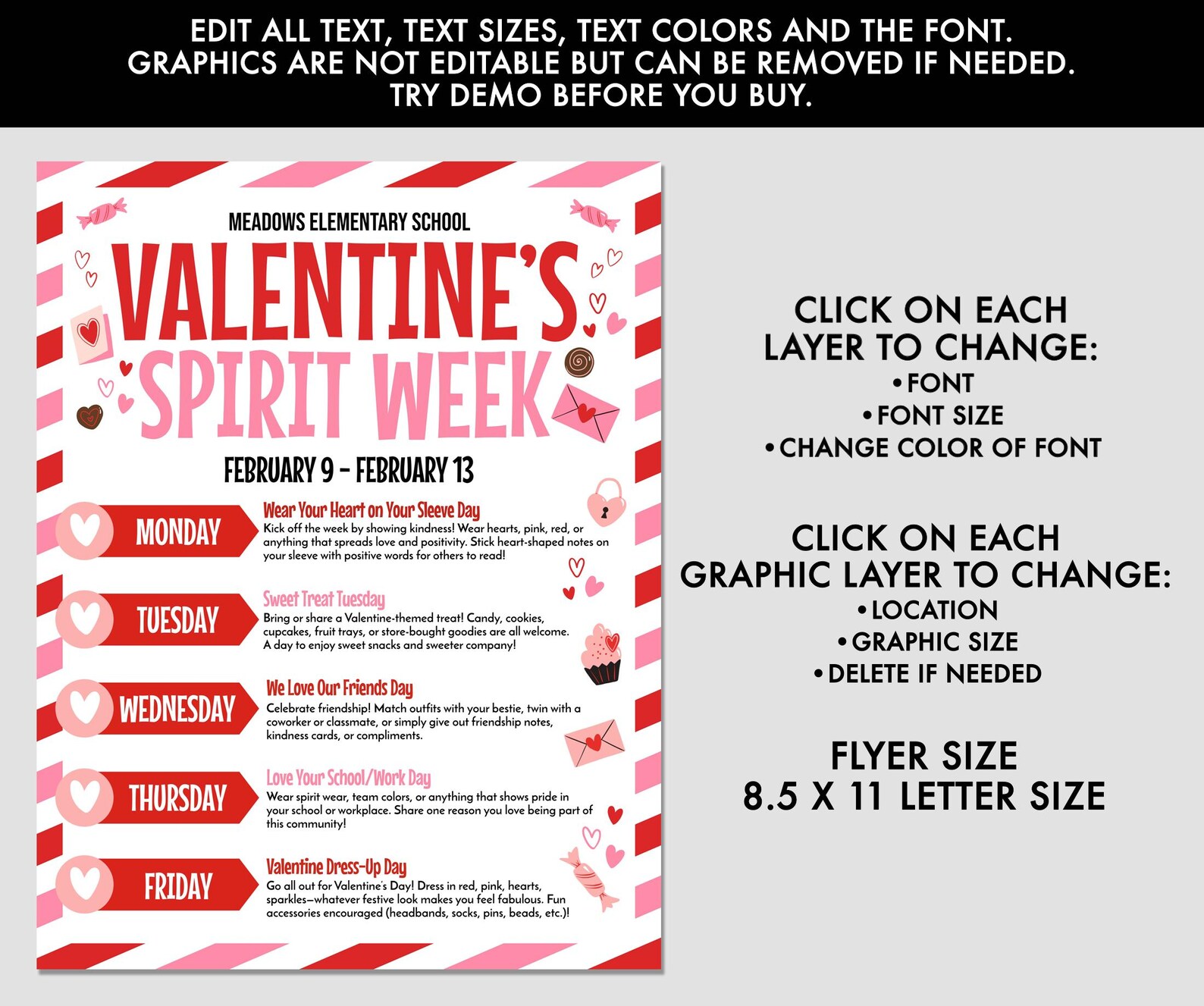 Valentine's Day Spirit Week Flyer Template | Editable Valentine Dress ...