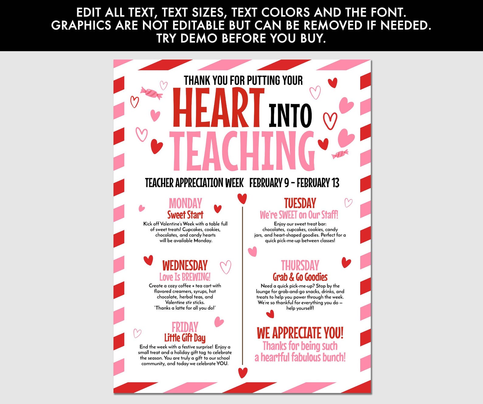 Valentine Teacher Appreciation Week Flyer, Editable 5-day Event (corjl ...
