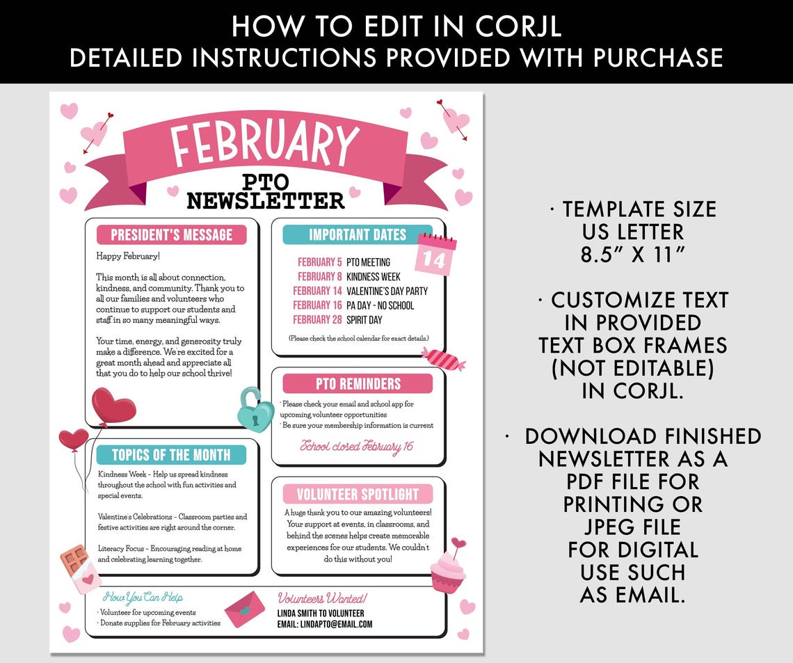 February School Newsletter Template, Editable PTO/PTA Flyer (corjl ...