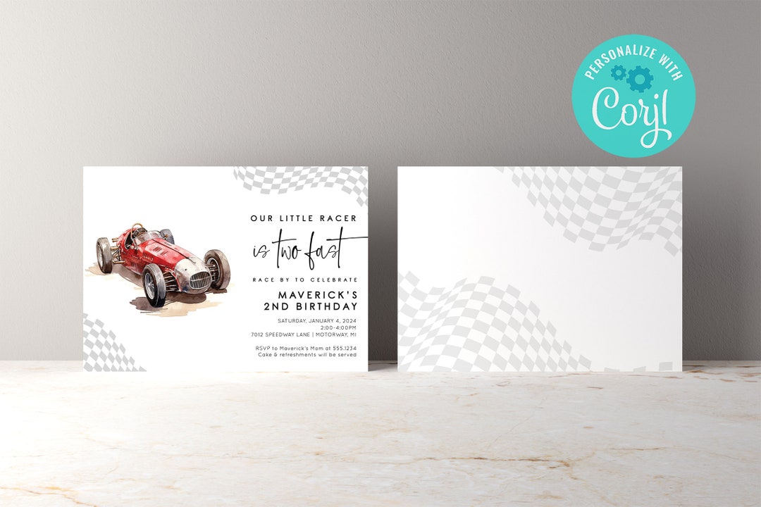 Two Fast Birthday Invitation Race Car 2nd Birthday Invite Red Racing ...
