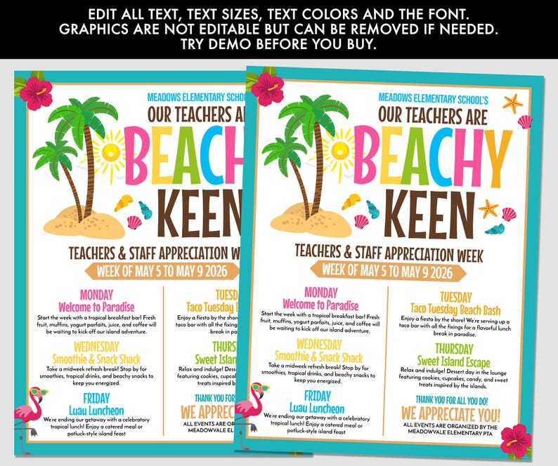 Editable Beach Theme Teacher & Staff Appreciation Sun Itinerary Flyer ...