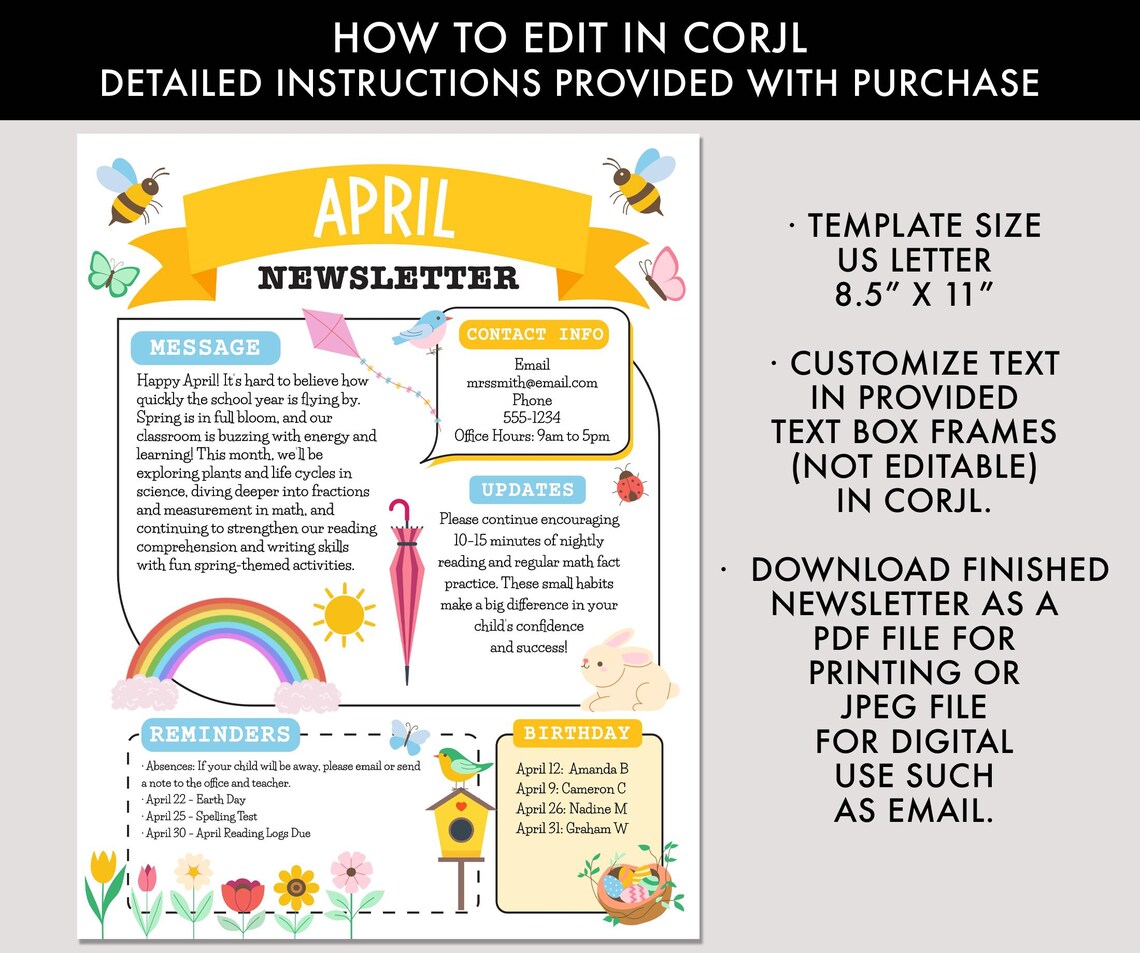 Editable April Classroom Newsletter Template (corjl) - Etsy