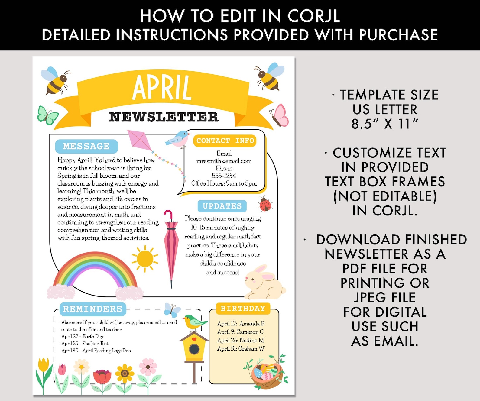 Editable April Classroom Newsletter Template (corjl) - Etsy