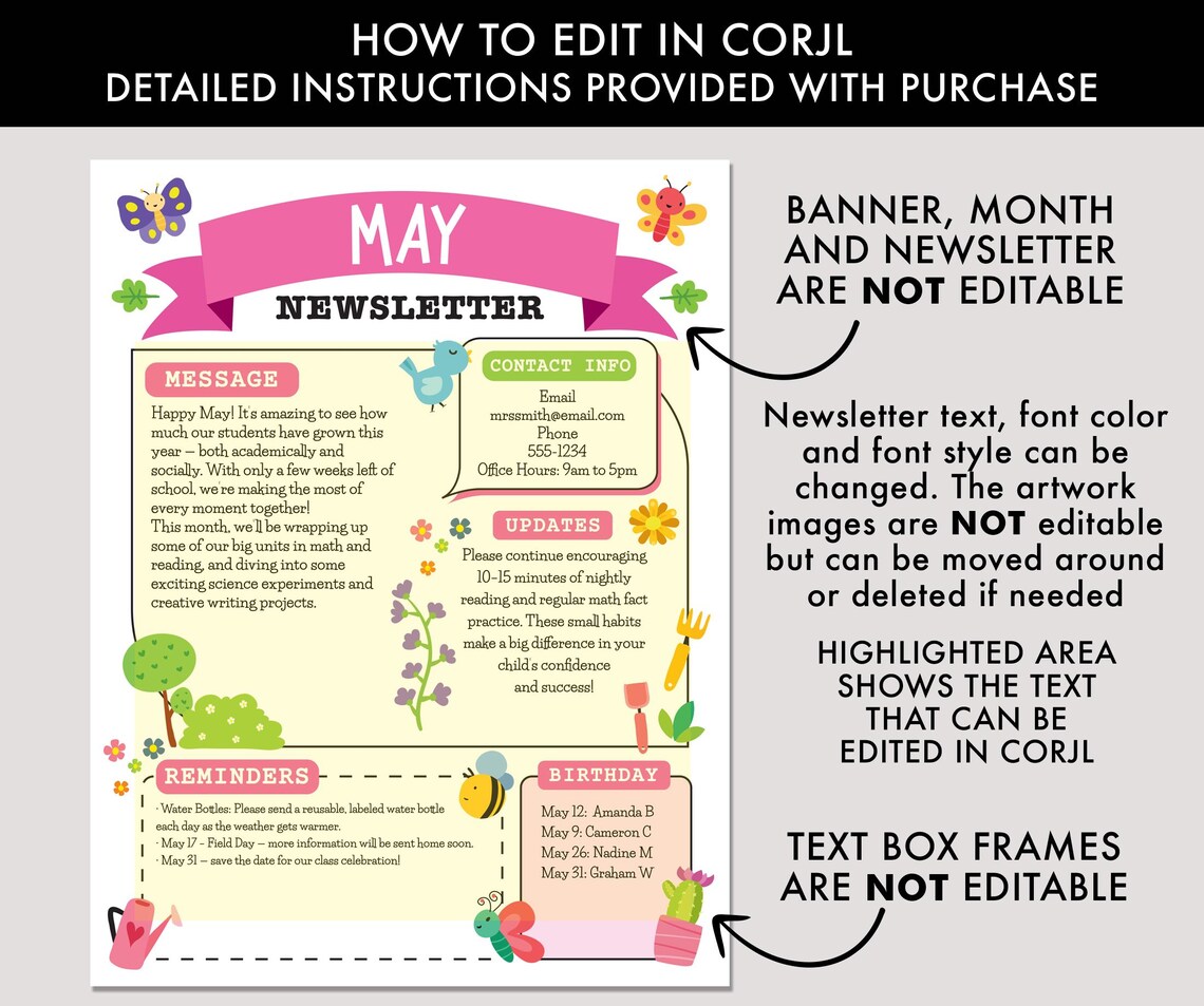 May Classroom Newsletter Template: Spring Teacher Communication (corjl ...
