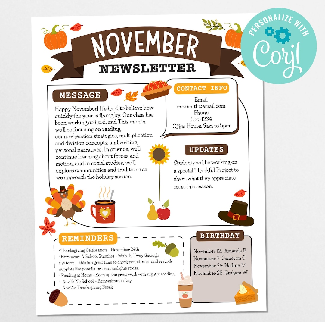 November Thanksgiving Classroom Newsletter Template - Editable in Corjl ...