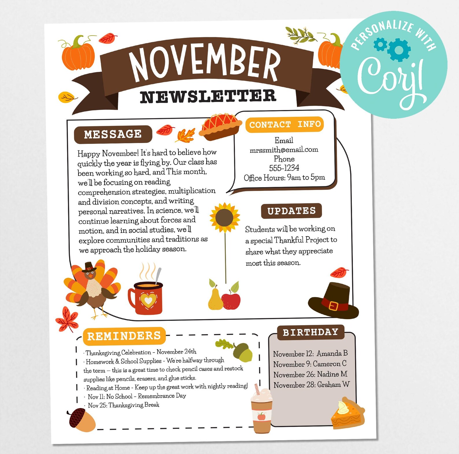 November Thanksgiving Classroom Newsletter Template - Editable in Corjl ...