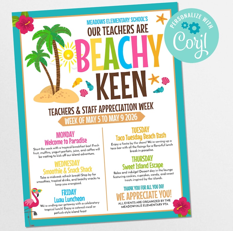 Editable Beach Theme Teacher & Staff Appreciation Sun Itinerary Flyer ...