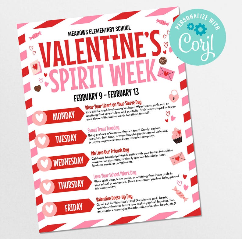 Valentine's Day Spirit Week Flyer Template | Editable Valentine Dress ...