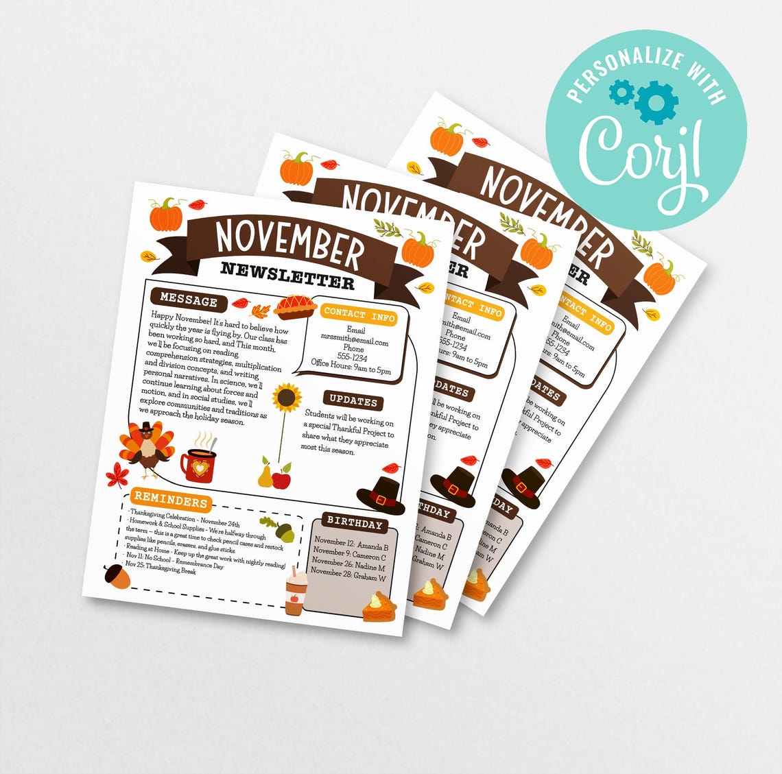 November Thanksgiving Classroom Newsletter Template - Editable in Corjl ...