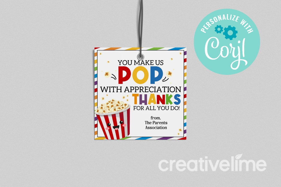 Popcorn Teacher Appreciation Gift Tag: Editable Thank You (digital ...
